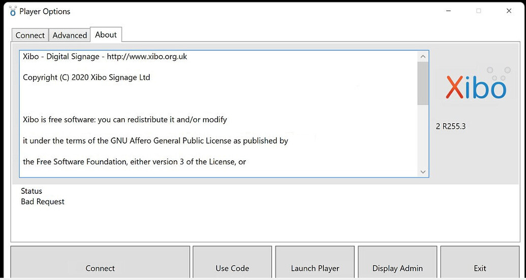 Bad Request Client Connect status - Xibo Player for Windows - Xibo Community